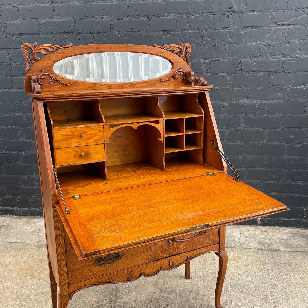 American Antique Oak Secretary Desk with Mirror c.1960 s Vintage Supply