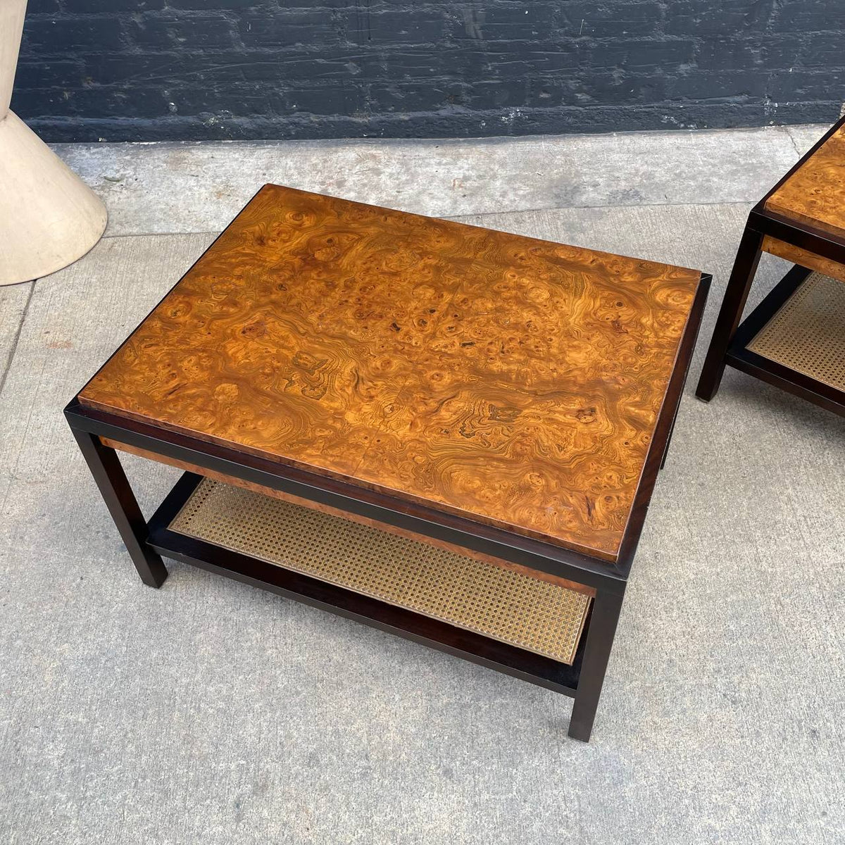 Pair of Vintage Mid-Century Modern Olive Burl Wood & Cane Tier Side Ta ...