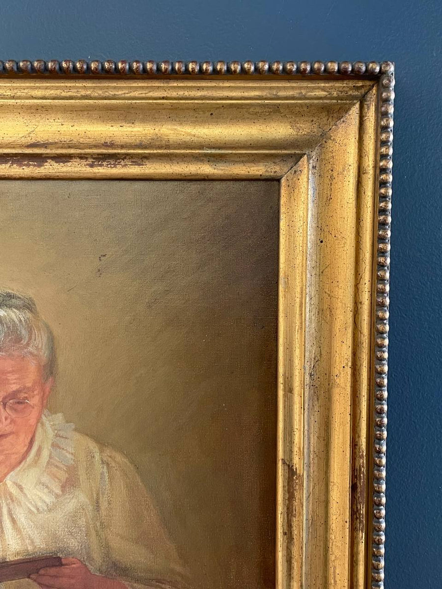 Antique Portrait Painting of Matriarch Reading with Gold Leaf Frame, c ...
