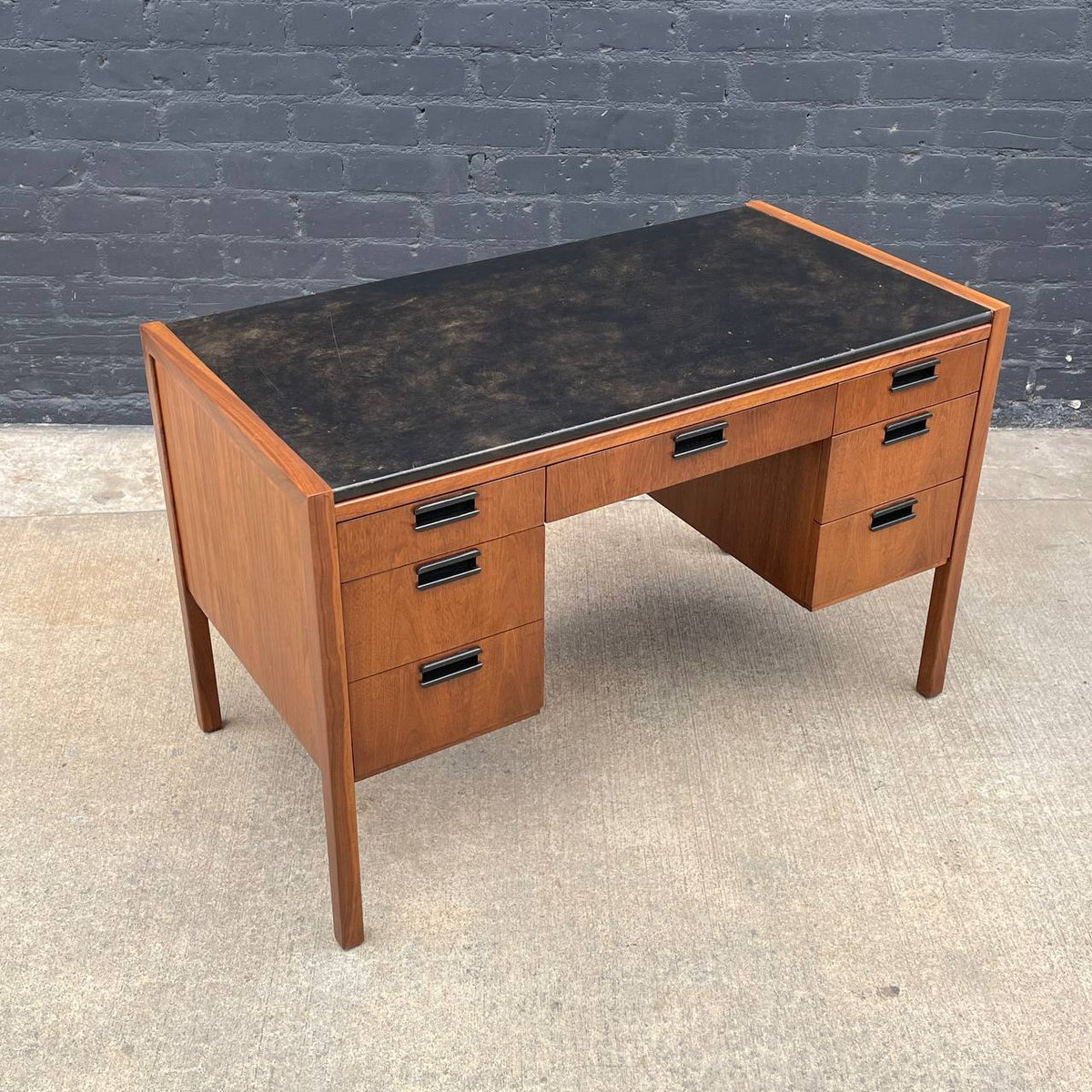 Mid-Century Modern Walnut & Leather Desk with Cane Back by Sligh Lowry ...