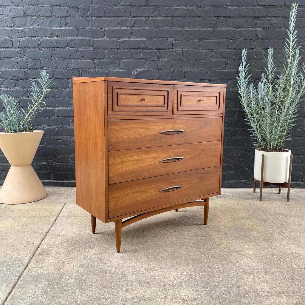 Mid-Century Modern “Sculptra” Walnut Highboy Dresser by Broyhill, c.19 ...