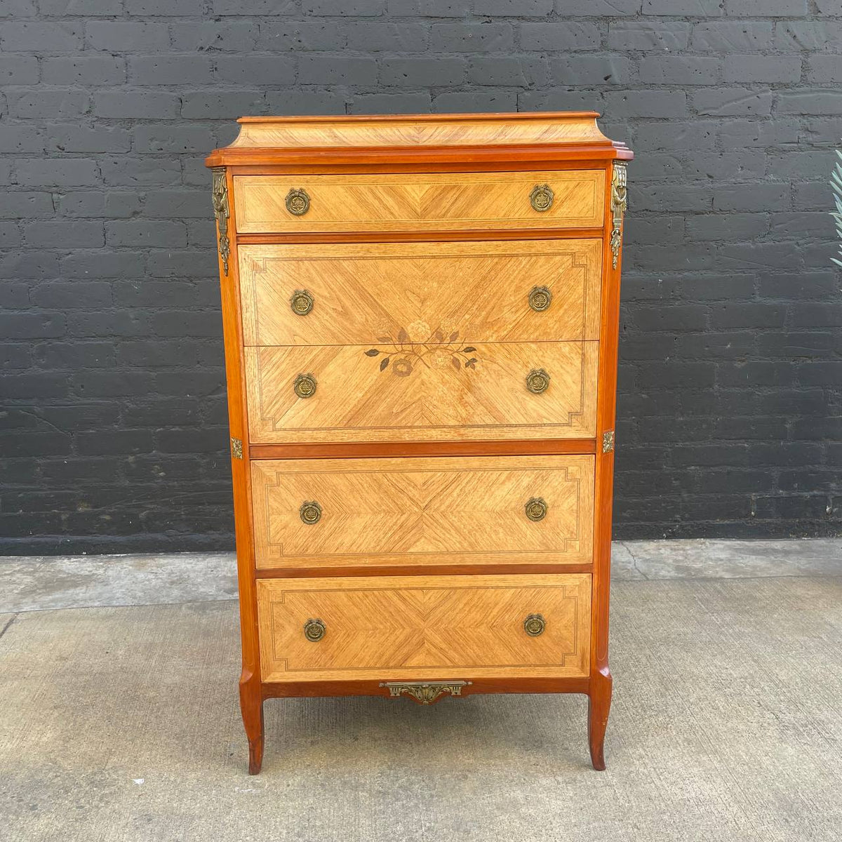 French Antique Highboy Chest of Drawers with Brass Detail Accents, c.1 ...