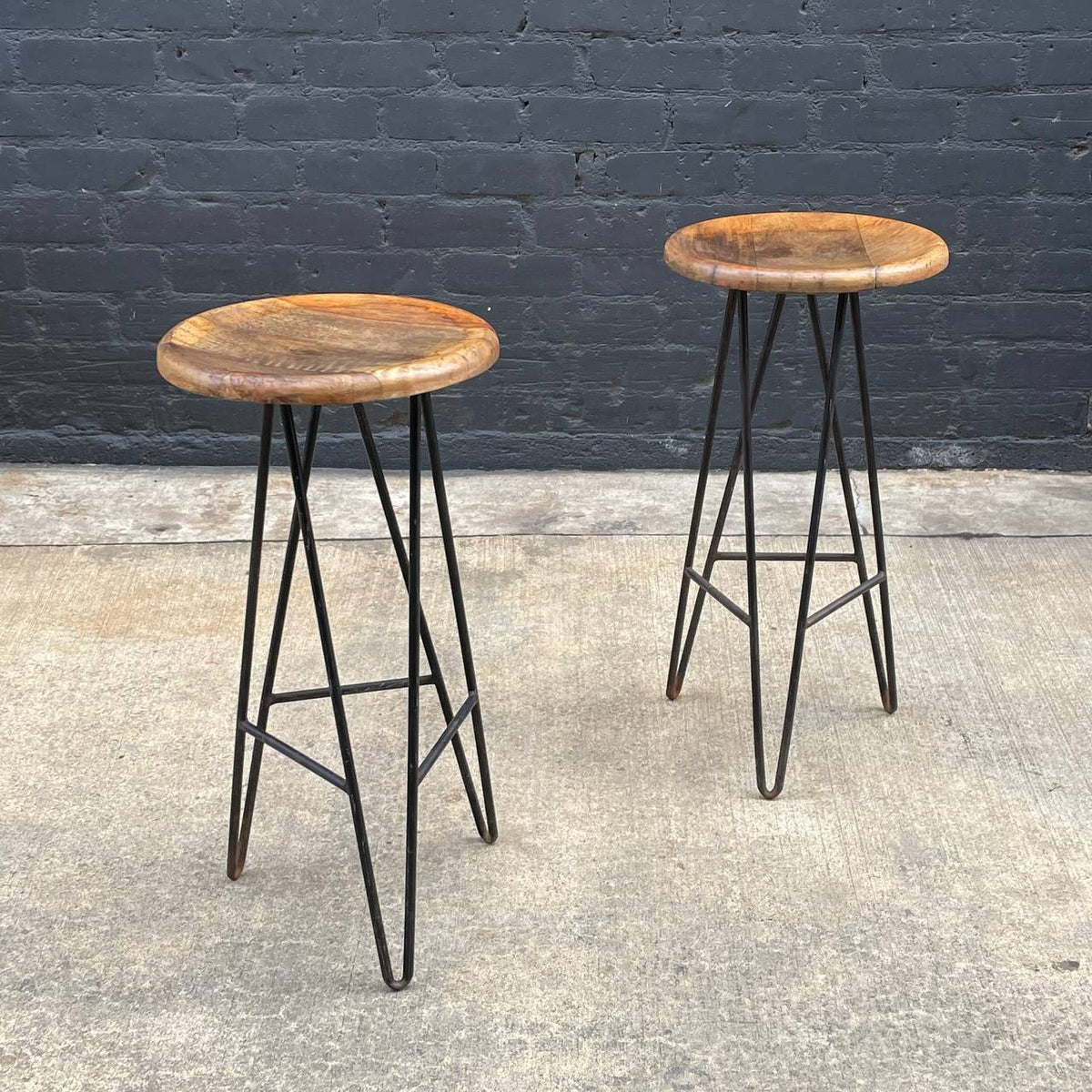 Pair of Iron & Wood Hairpin Leg Style Bar Stools – Vintage Supply